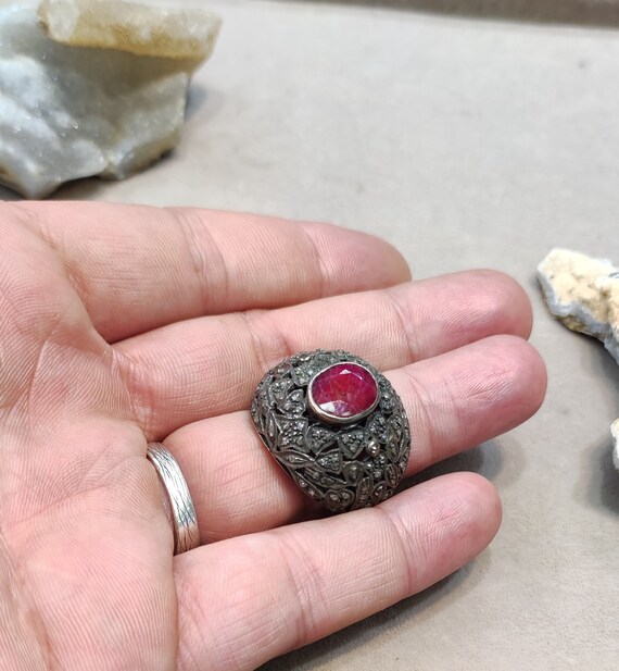 Antique Ruby Ring, Silver made 18s ladies pave set Di… - Gem