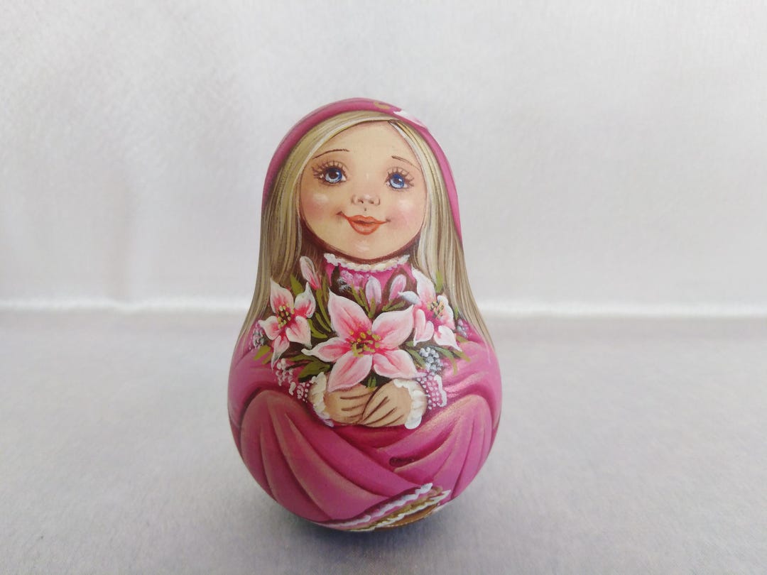 Author's Matryoshka Rolly Polly Bell Doll "girl With Flowers" - Etsy