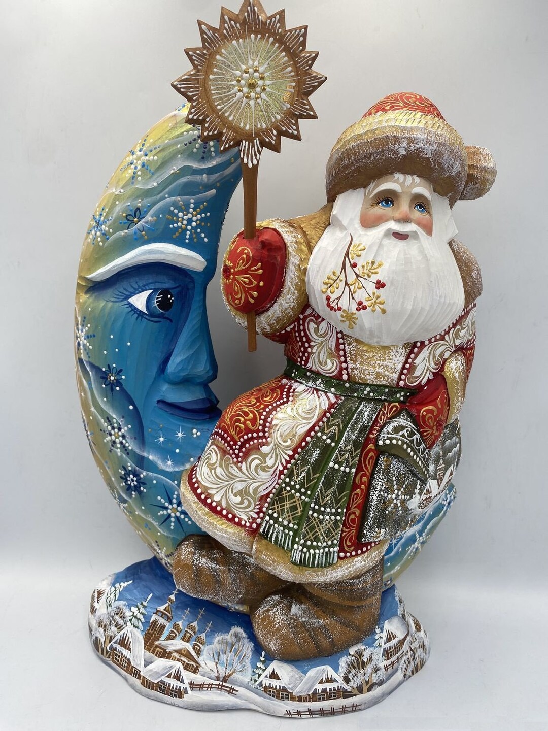 Santa Claus on the Crescent Moon Handmade From Linden Wood 15.3 Inches ...