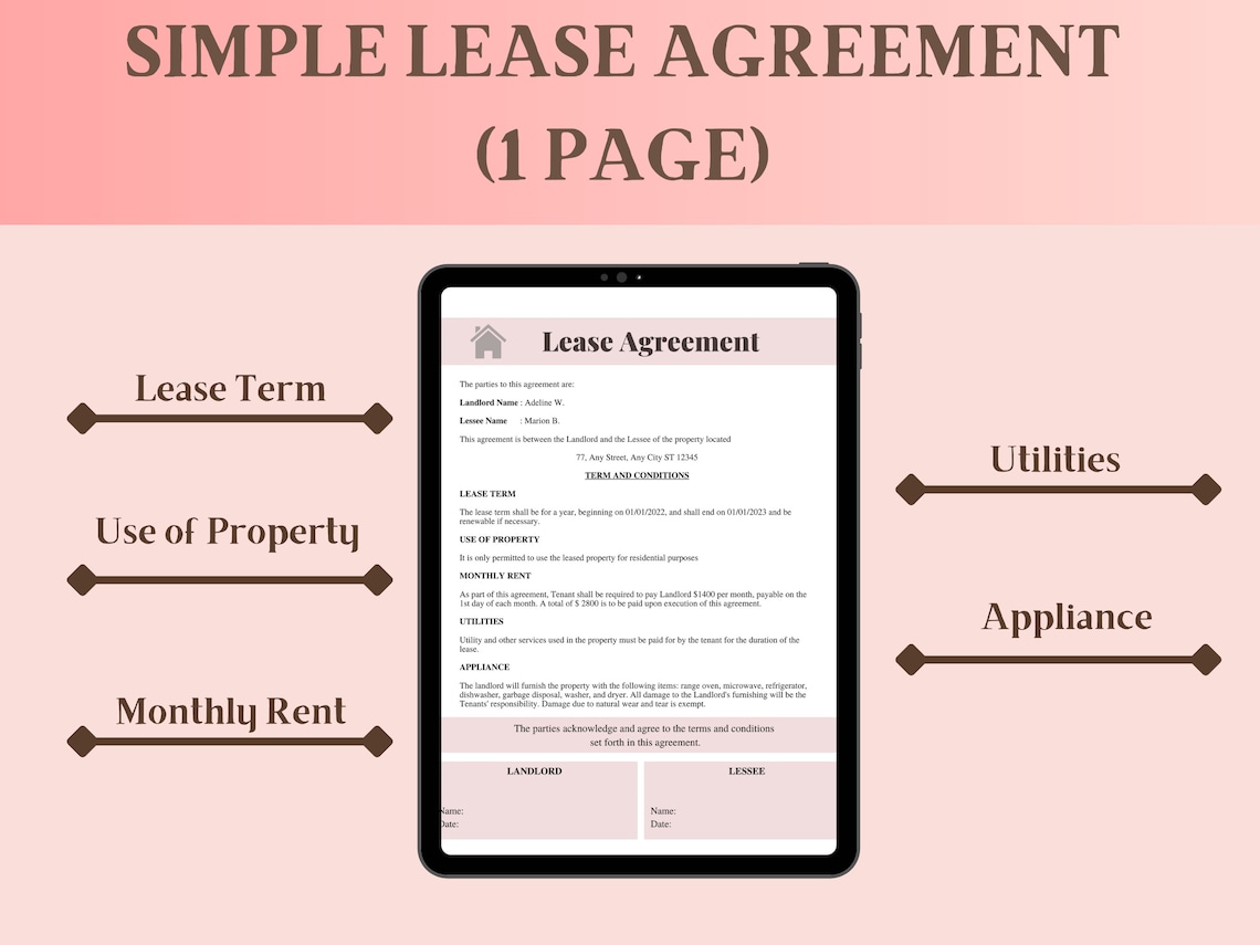 Simple Lease Agreement With Cover Page 1 Page rental Lease Agreement ...