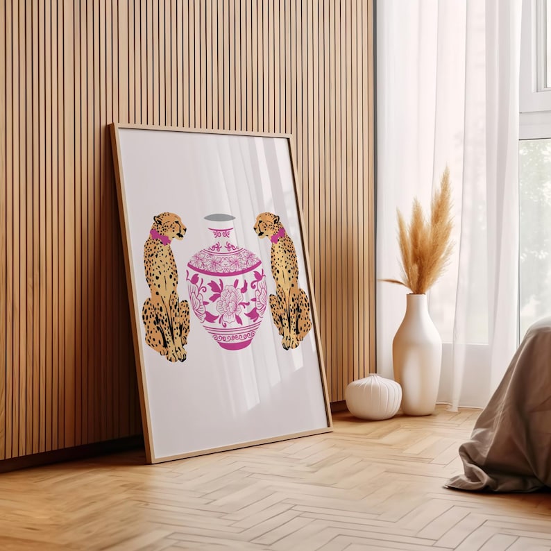 Cheetah Chinoiserie Art Print: Pink Vase Decor (digital Art) - Etsy