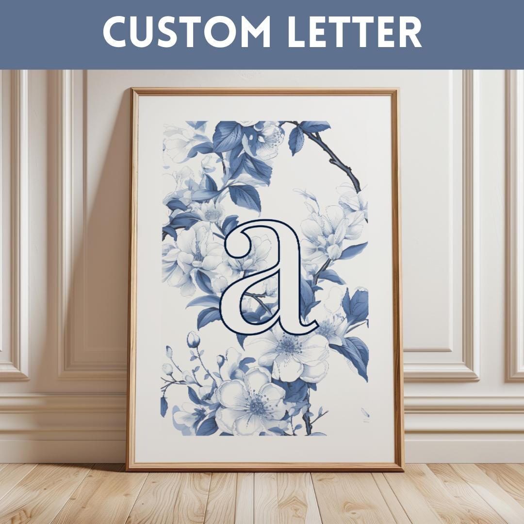 Blue Personalized Letter Chinoiserie Wall Art, Custom White Letter ...