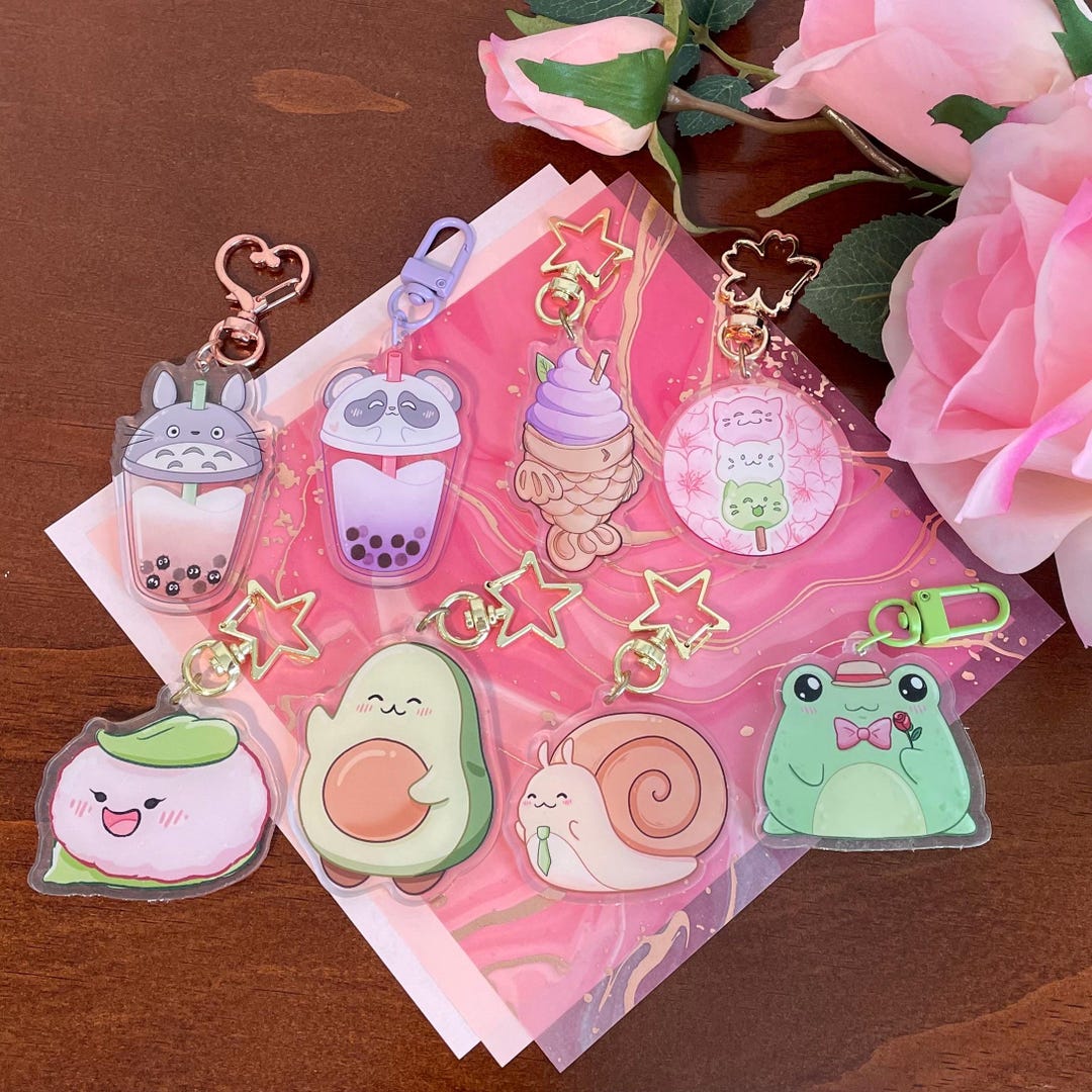 Boba, Food, Animal Keychains | Acrylic Double-sided Charms | Taiyaki ...