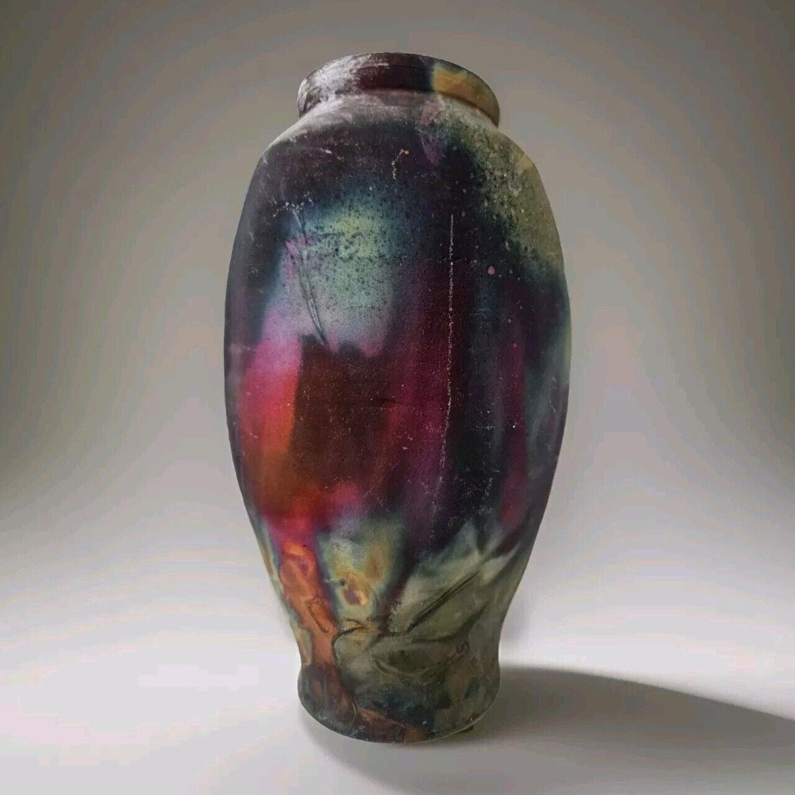 RAKU Pottery Vase Bruce Johnson Ceramic Copper Flash Signed Large Matte ...