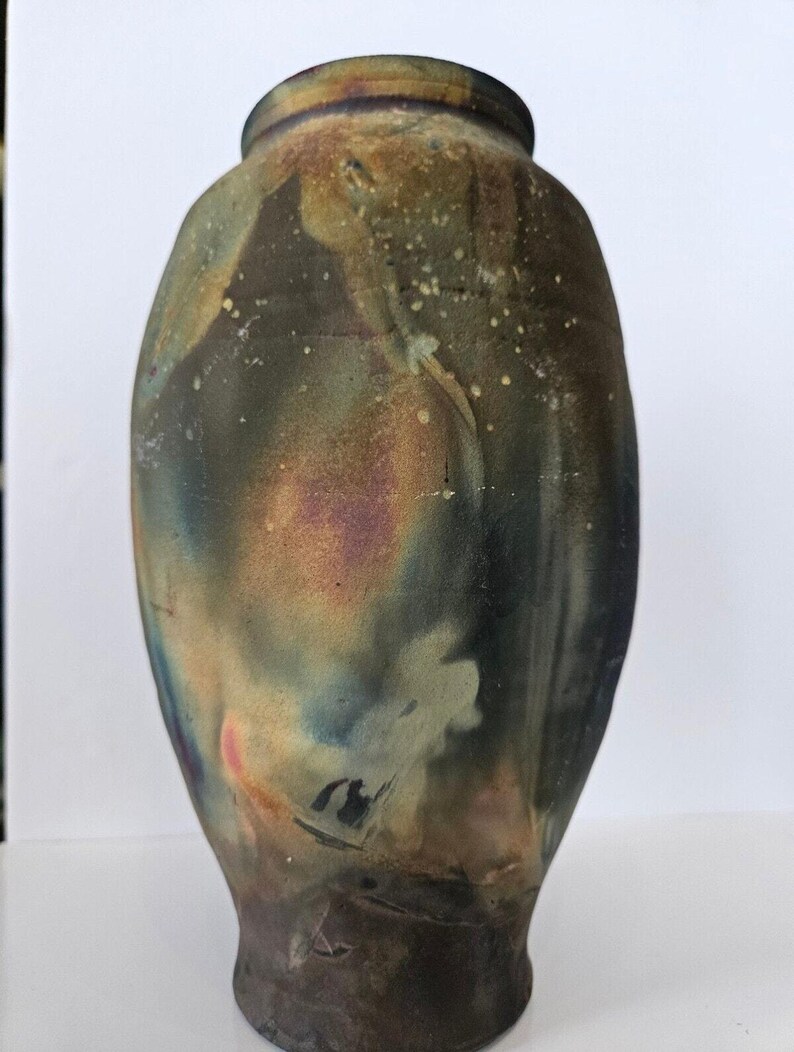 RAKU Pottery Vase Bruce Johnson Ceramic Copper Flash Signed Large Matte ...