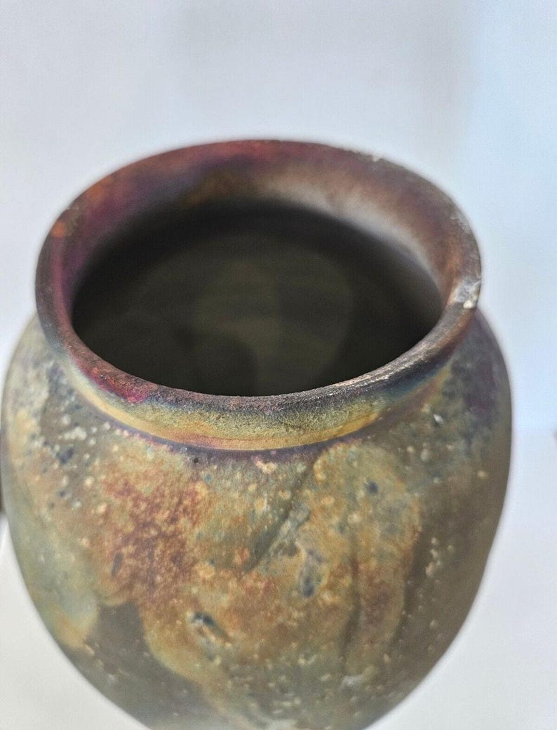 RAKU Pottery Vase Bruce Johnson Ceramic Copper Flash Signed Large Matte ...