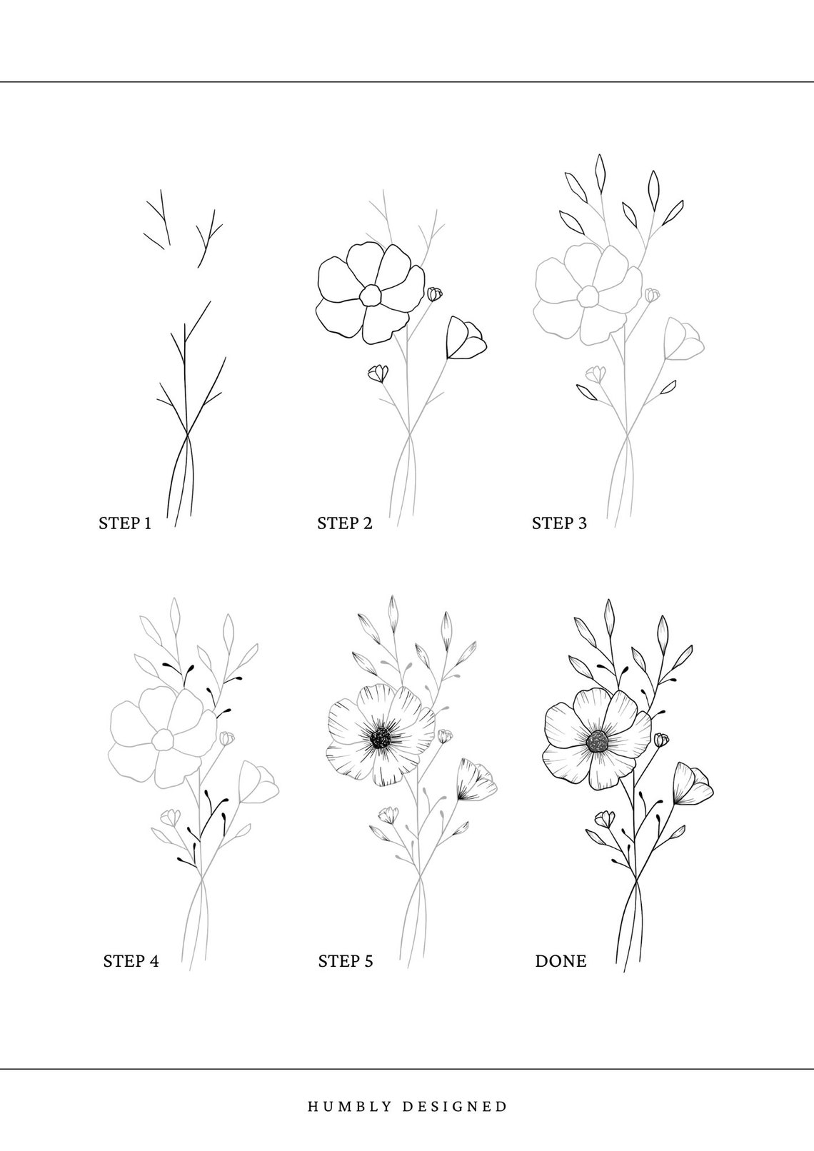 How to Draw Flowers, 5 Step by Step Floral Designs, Digital Download ...