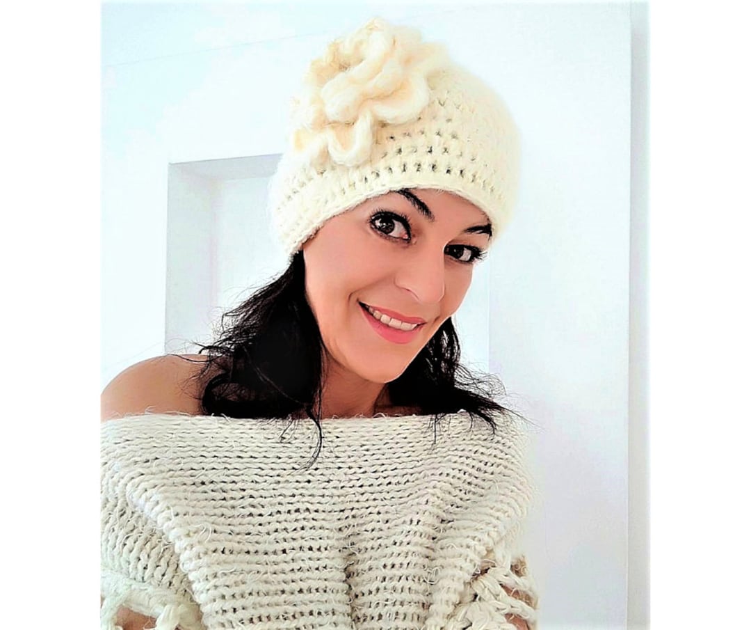 Cute Crochet Beanie Pattern Hat Winter Flower, Chunky Yarn - Etsy