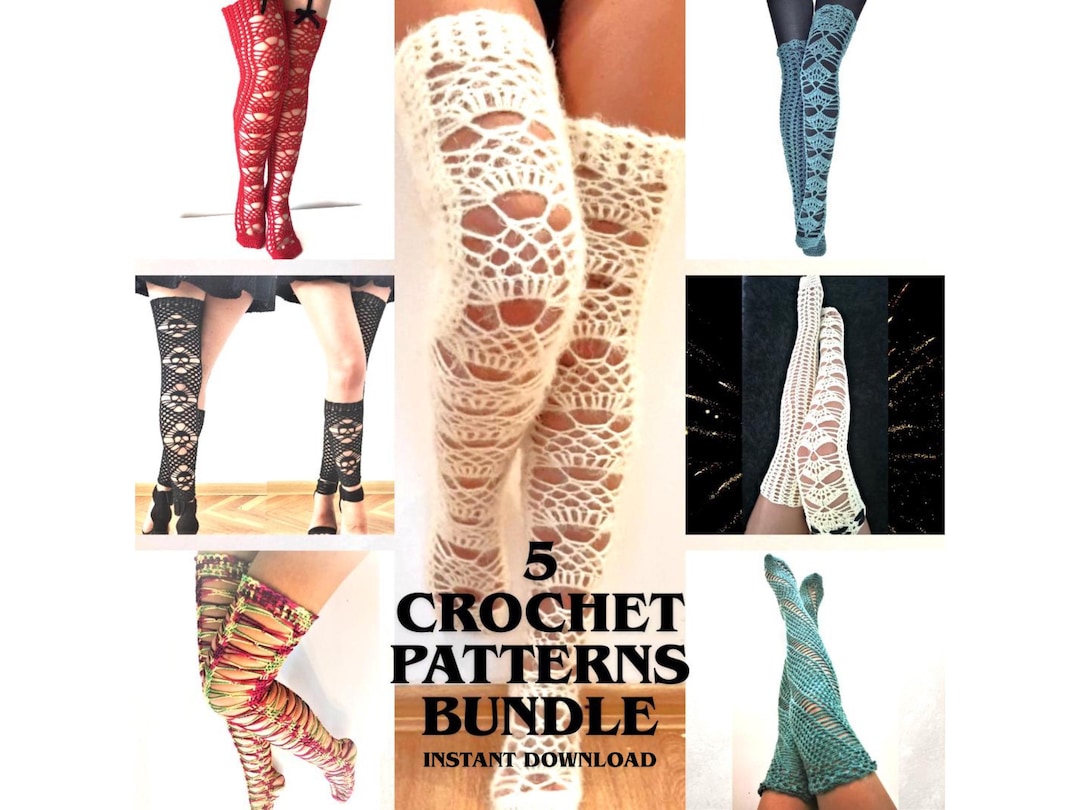 Crochet Pattern Bundle Thigh Knee High Socks Fishnet Leg Warmers, Sexy ...