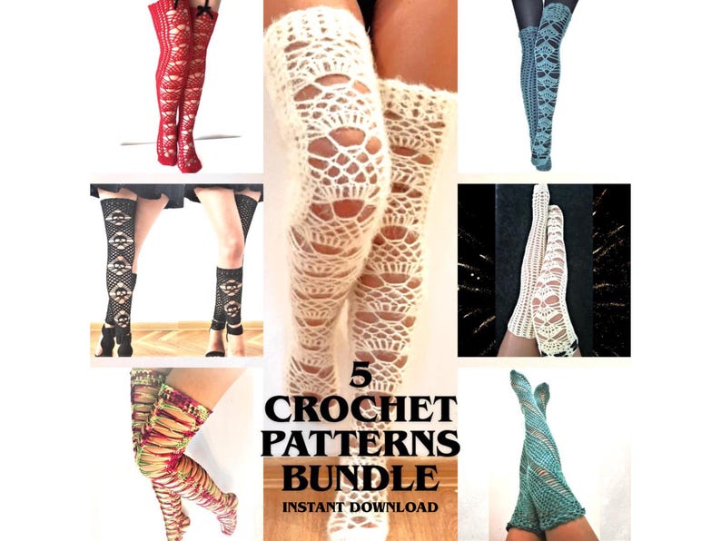 Crochet Pattern Bundle Thigh Knee High Socks Fishnet Leg Warmers, Sexy ...