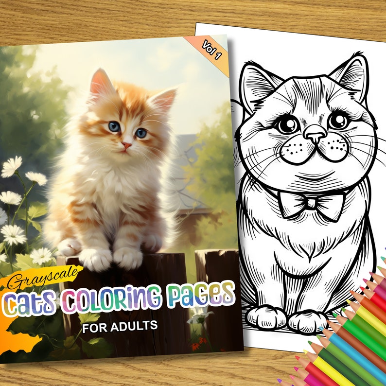 Grayscale Cats Coloring Pages for Adults Vol1 Sophisticated Feline Art ...