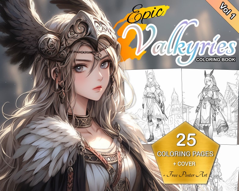 Epic Valkyries Coloring Book Vol 1 Grayscale & Light Version Pages Free 24x36 Color Poster Art ...