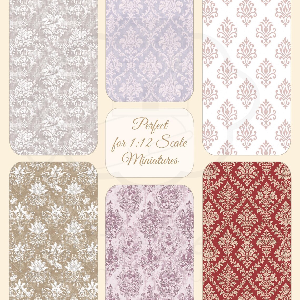 Damask Miniature Wallpaper | 1:12 Scale Dollhouse Diorama Wall Panels ...