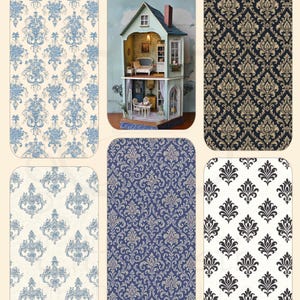 Damask Miniature Wallpaper | 1:12 Scale Dollhouse Diorama Wall Panels ...