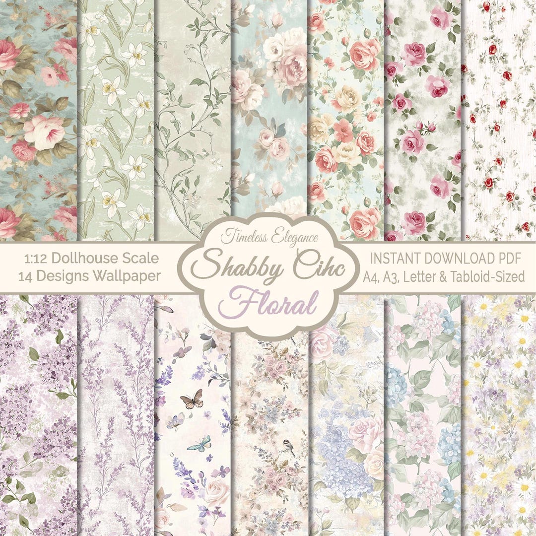 Shabby Chic Floral Dollhouse Wallpaper 1:12 Scale Miniature Wallpaper ...