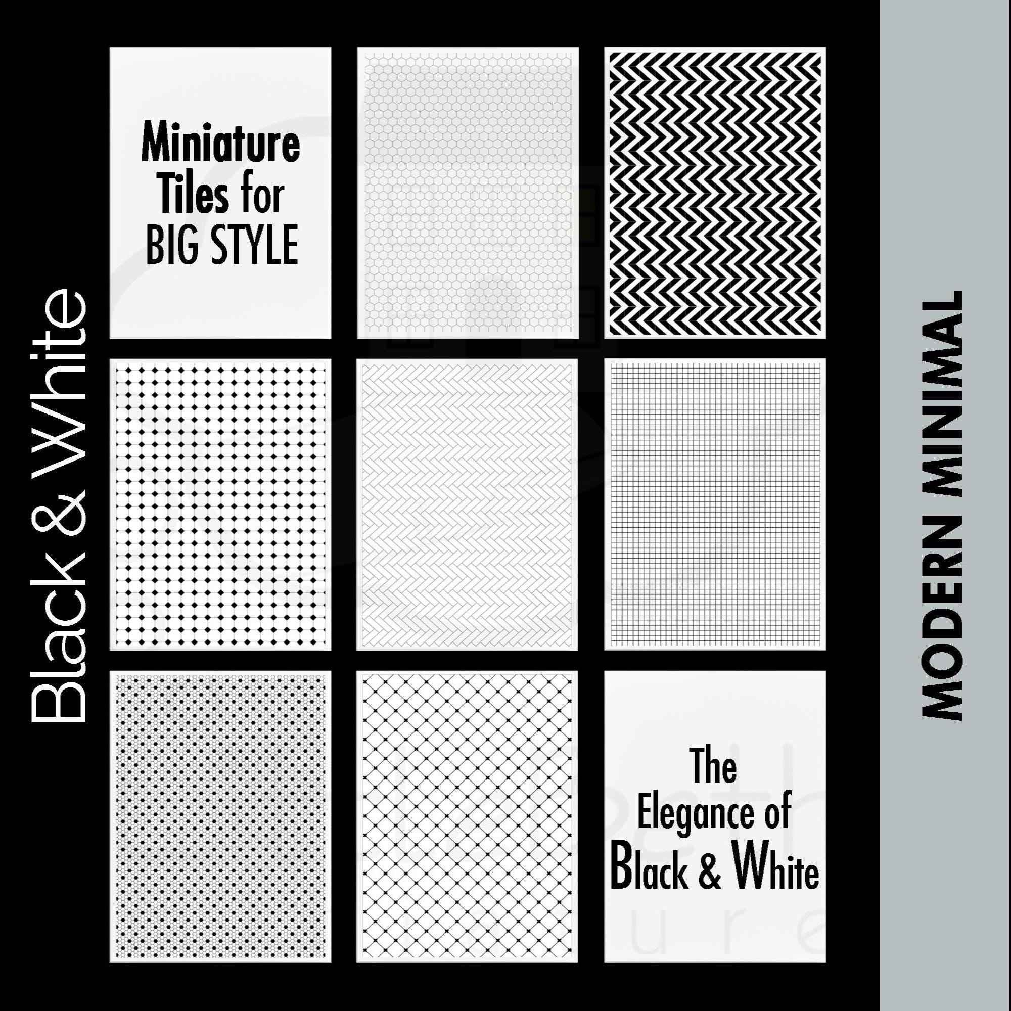 1:12 Scale Dollhouse Tile Set – Printable Black and White Miniature ...