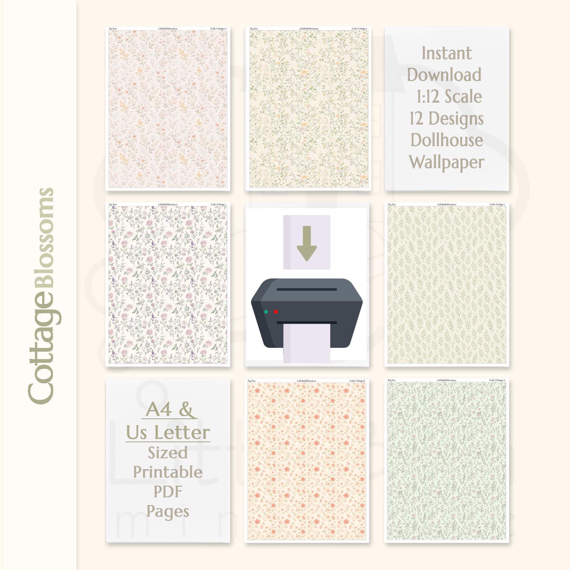 Cottagecore Floral Miniature Wallpaper | 1:12 Scale Dollhouse Wall ...