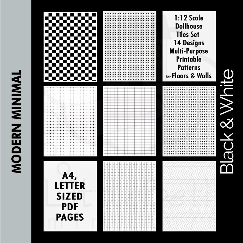 1:12 Scale Dollhouse Tile Set – Printable Black and White Miniature ...