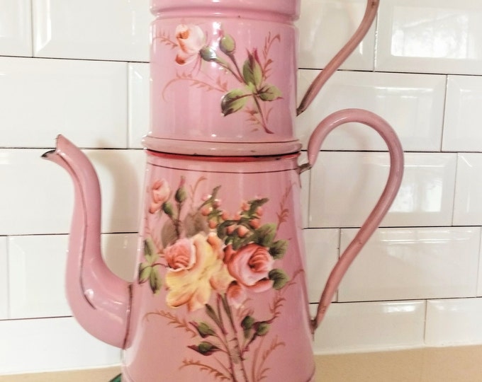 Enamel French Pink Coffee Pot Hand Painted Rose Antique French Pink ...