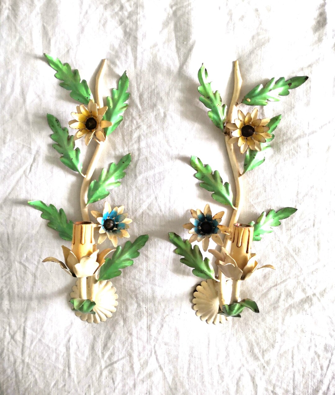 Pair French Italian Tole Candles Wall Sconces Flowers Wall Lights ...