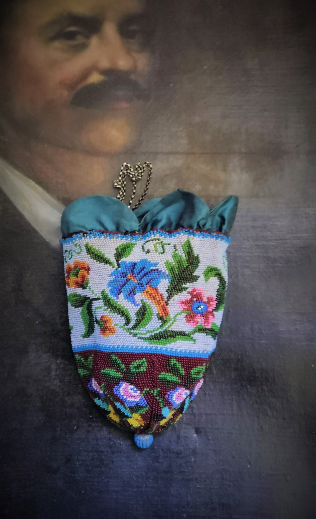 Antique Victorian Beadwork Silk Taffeta Reticule Purse Handbag Floral ...