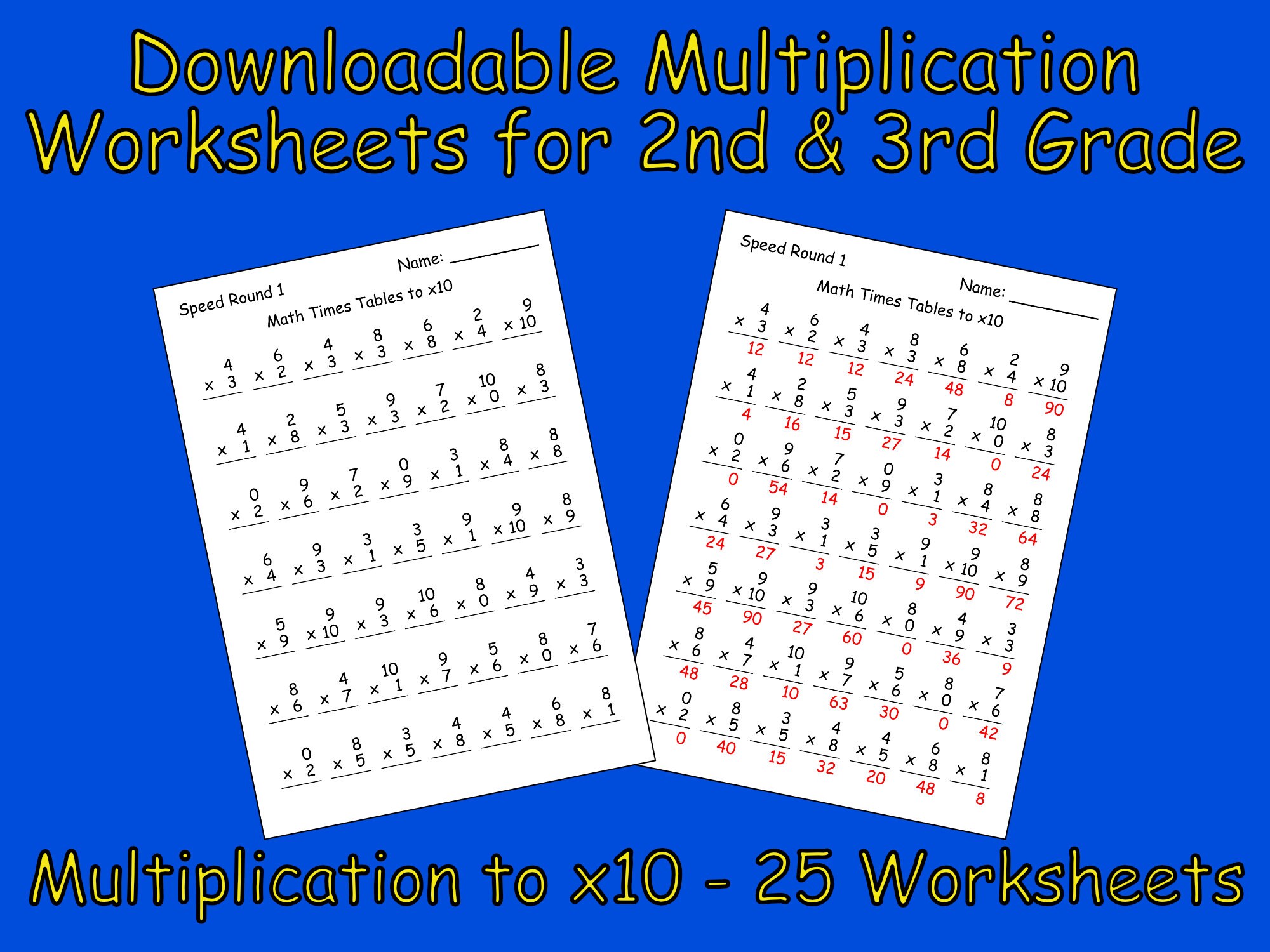 Math Multiplication Times Tables Speed Worksheets for 2nd & 3rd Grade ...