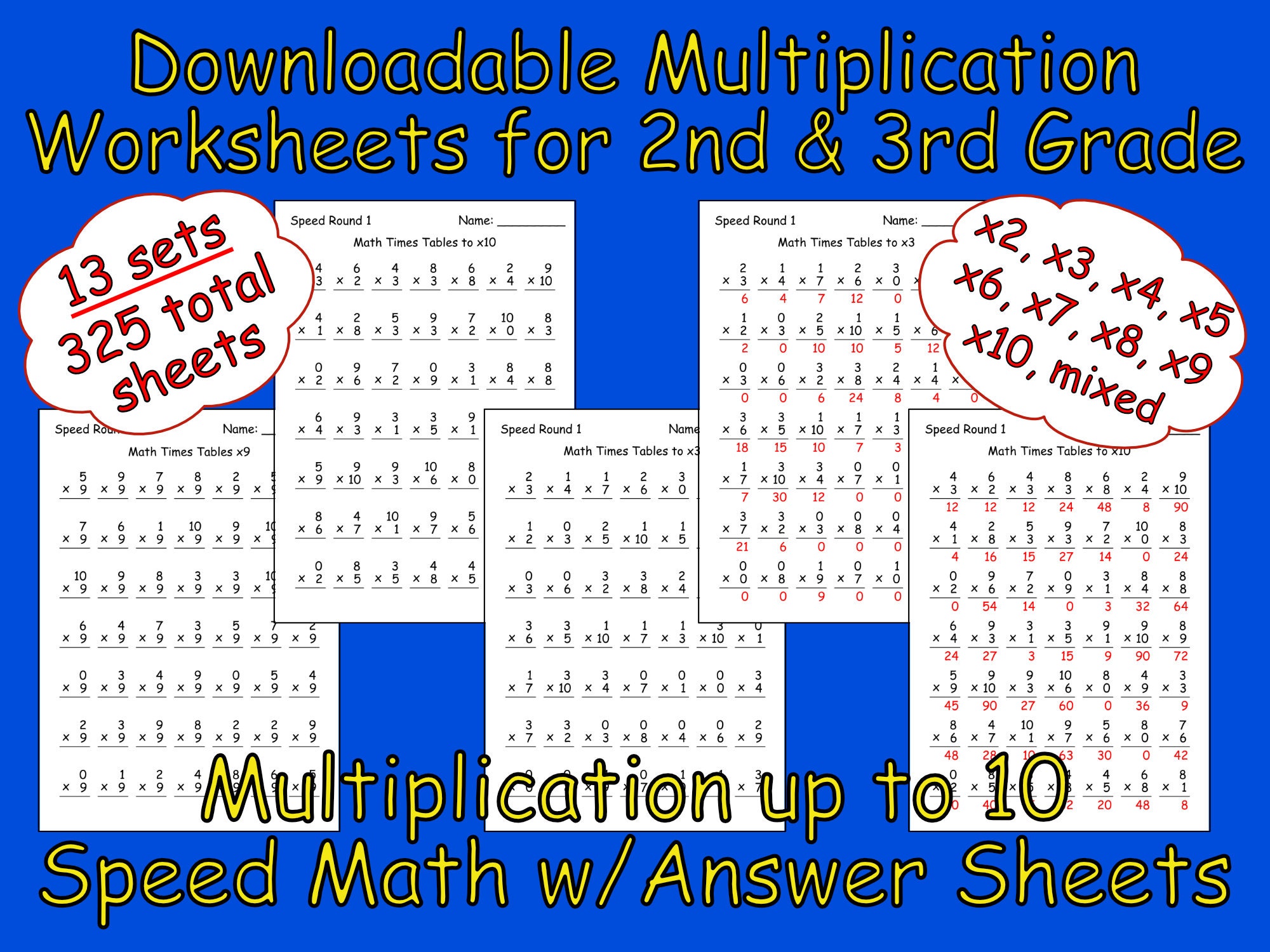 Math Multiplication Times Tables Speed Worksheets for 2nd & 3rd Grade ...