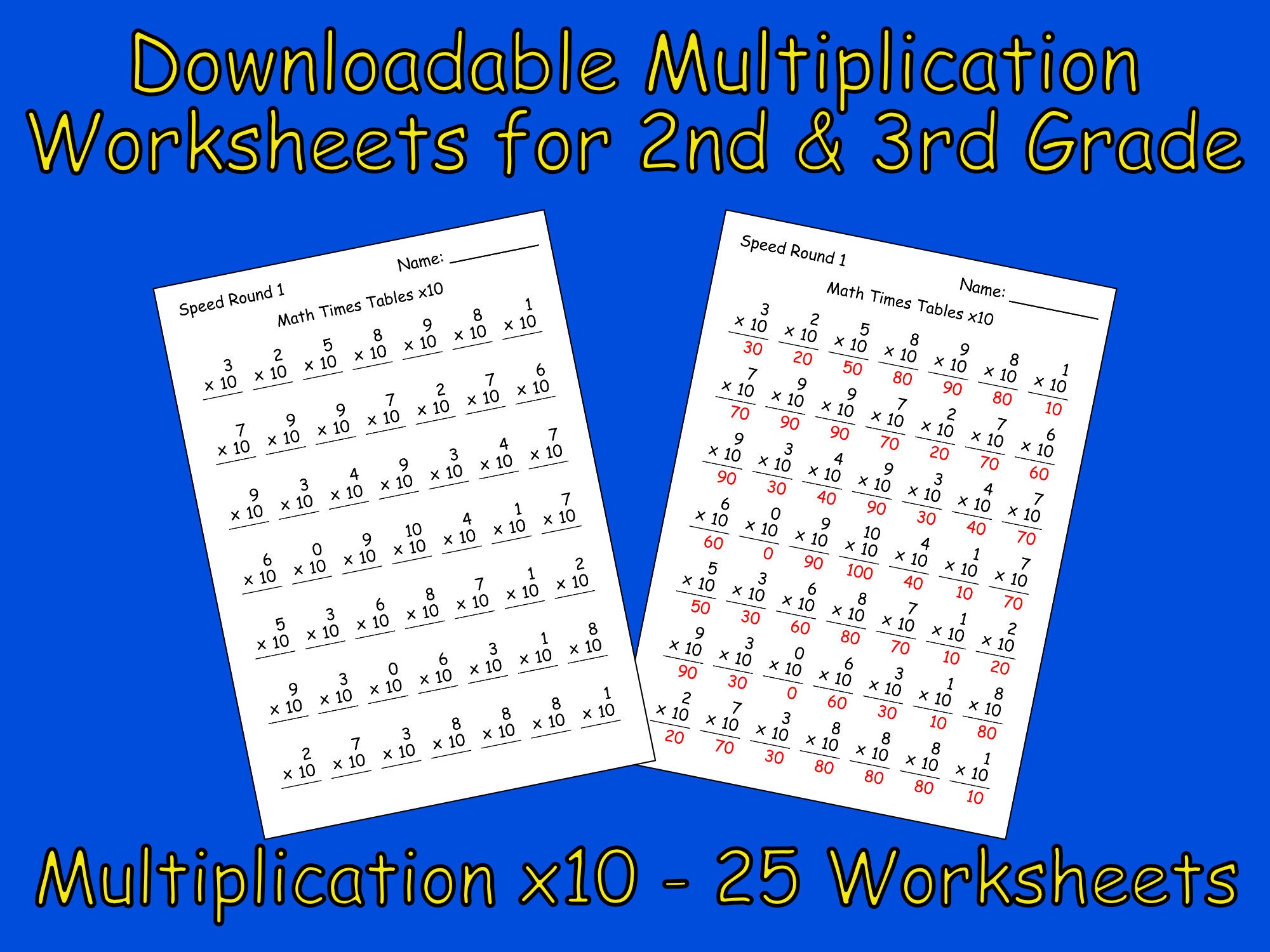 Math Multiplication Times Tables Speed Worksheets for 2nd & 3rd Grade ...