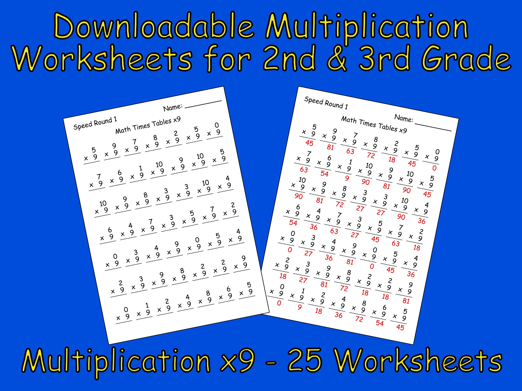 Math Multiplication Times Tables Speed Worksheets for 2nd & 3rd Grade ...