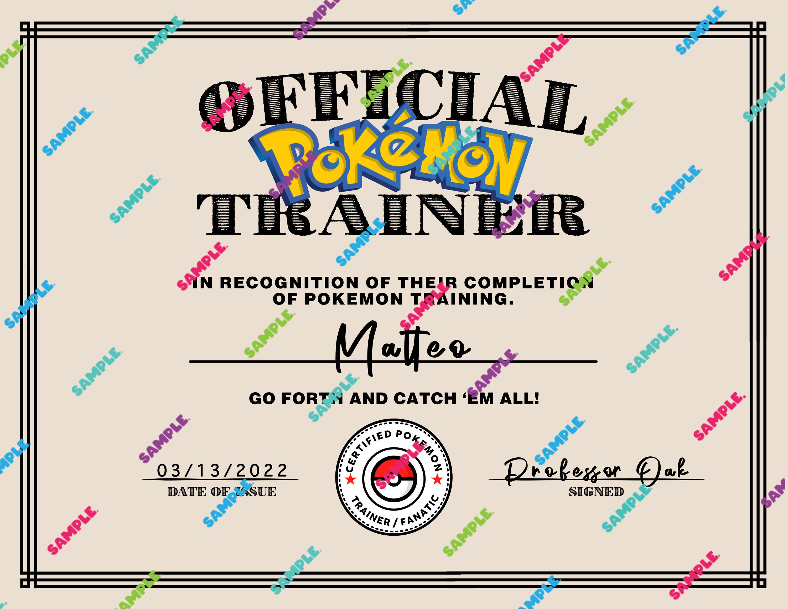 Pokémon Trainer Certificate Downloadable / Custom Fan Art / - Etsy Canada