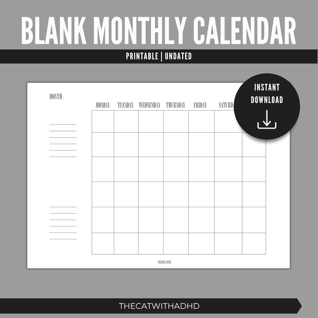 Blank Monthly Calendar Landscape, Blank Monthly Calendar, Minimalist ...