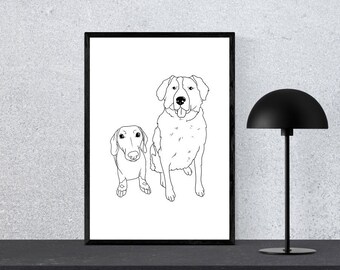 Two Dogs Line Drawing - Etsy