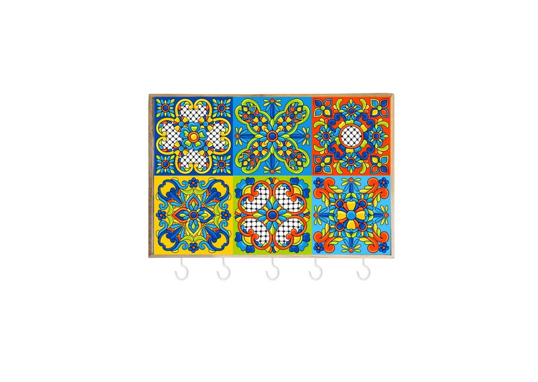 Handcrafted Mexican Tiles-inspired Wall Key Holder With 5 Hooks From ...