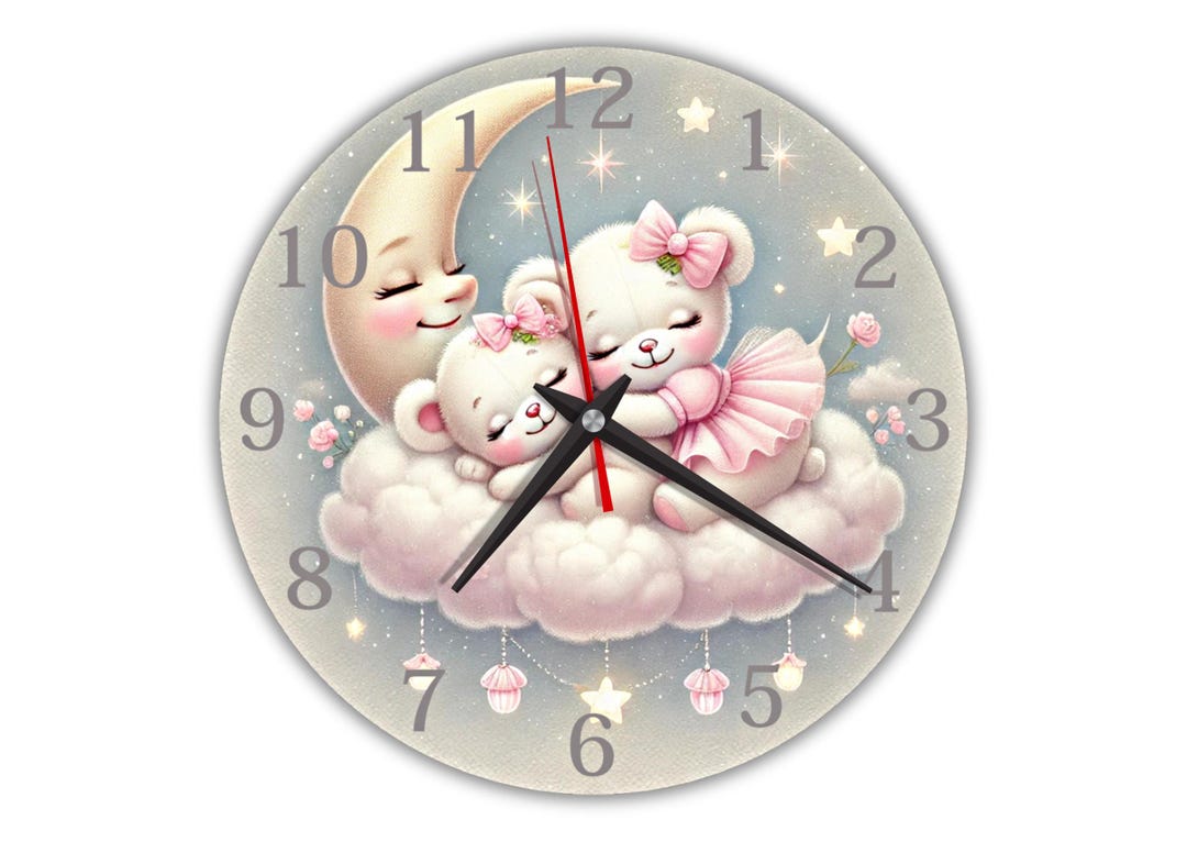 Twin Baby Wall Clock Pink Wooden Clock, Teddy Bear Nursery Decor, Girls ...