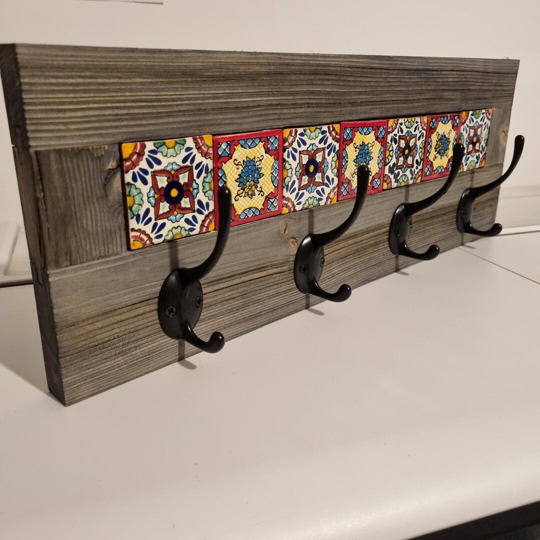 Talavera Tile Coat Rack: Reclaimed Wood Wall Hooks, Rustic Key Holder ...