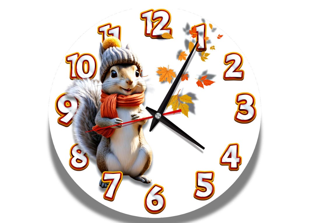 Squirrel Wall Clock for Children, 3D Effect Wooden Autumn Forest Wall ...