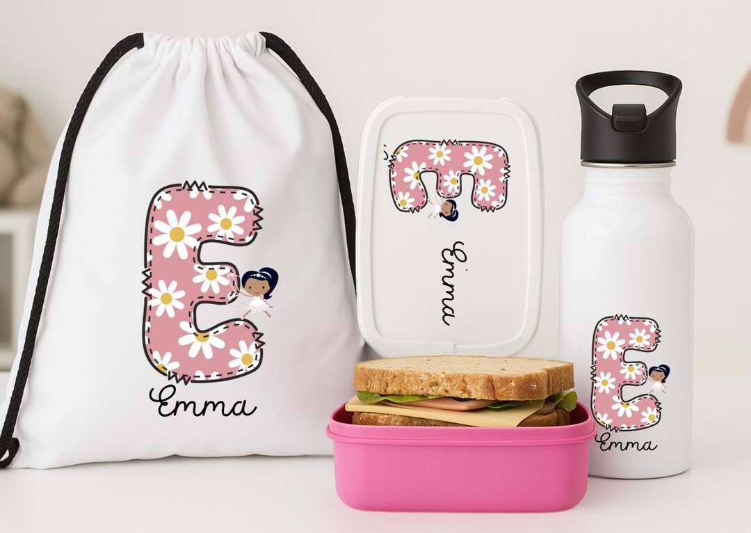 Personalized Floral Letter Lunch Box, Water Bottle & Gym Bag Set for ...