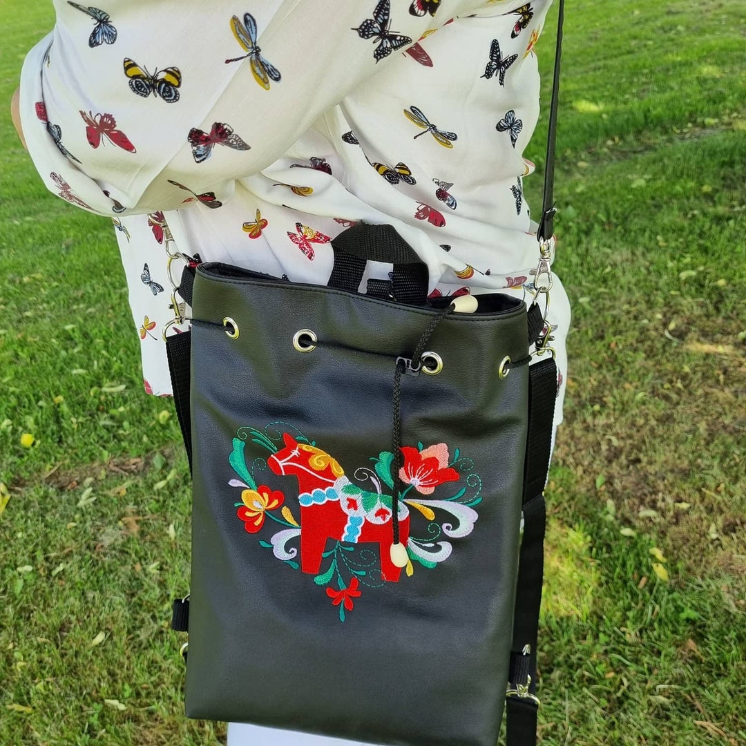 Swedish Backpack Dala Horse Embroidered Scandinavian Style Stylish and ...
