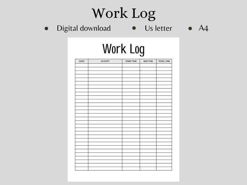 Printable Work Log, Work Time Tracker, Time Spent Tracker, Timelog ...