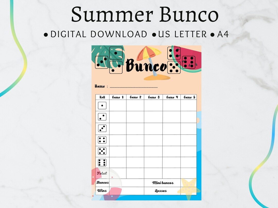 Summer Bunco , Summer Vibes, Printable Bunco Cards, Bunco Scoresheet ...