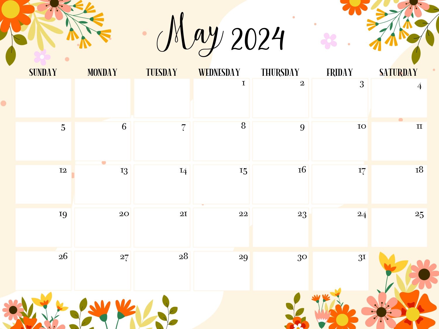 Editable May 2024 Calendar PDF Template, Hello Spring, Instant Download ...