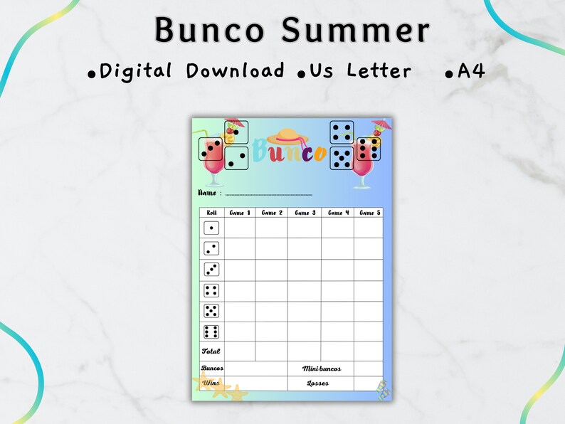 5 Printable Bunco Cards, Summer Bunco Printable Cards, PDF Download 8 ...