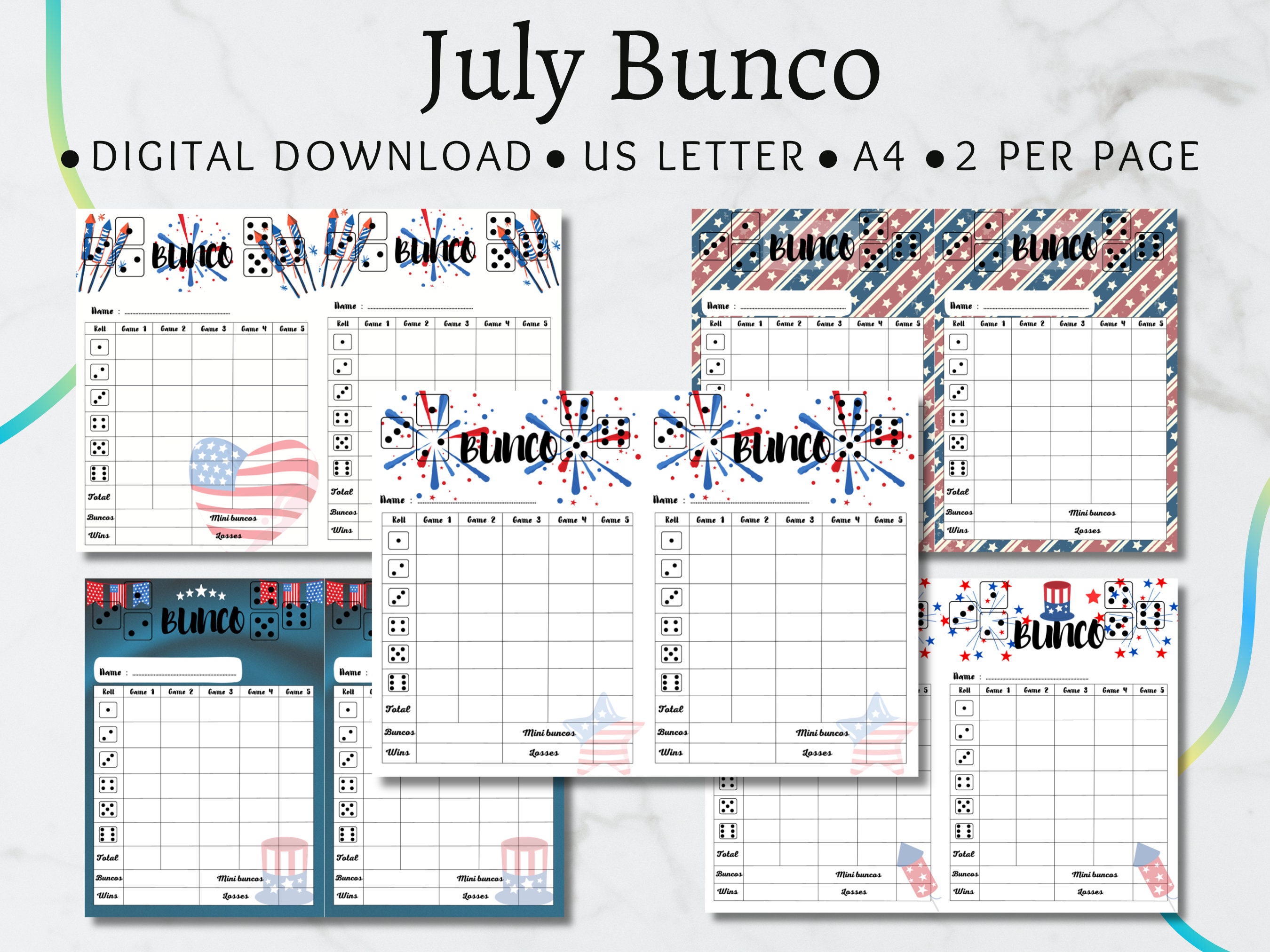 July Bunco Score Cards , 5 Printable Bunco Cards, Bunco Scoresheet ...