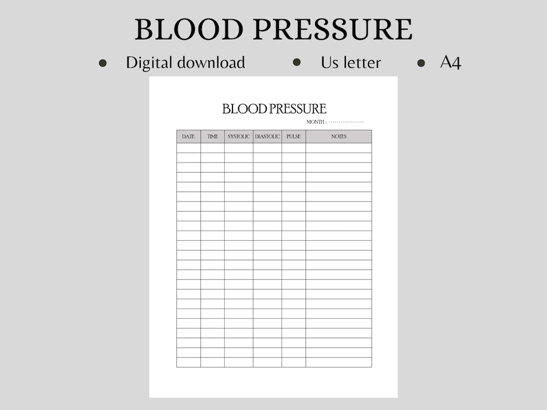 Blood Pressure Tracker Printable, Blood Pressure Chart Template, Blood ...