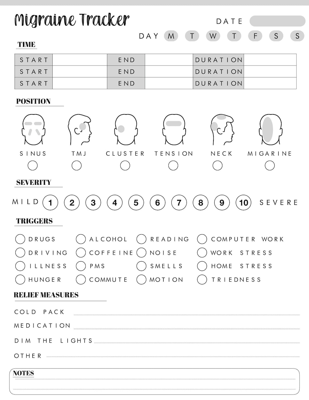 Migraine Tracker Printable Instant Download headache - Etsy