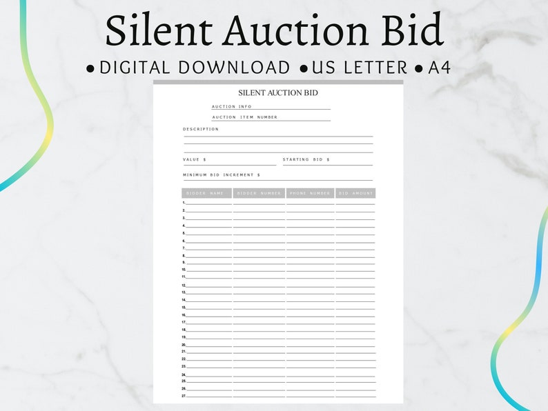 Silent Auction Bid Printable /fundraiser Event/bidding Sheet/us Letter ...