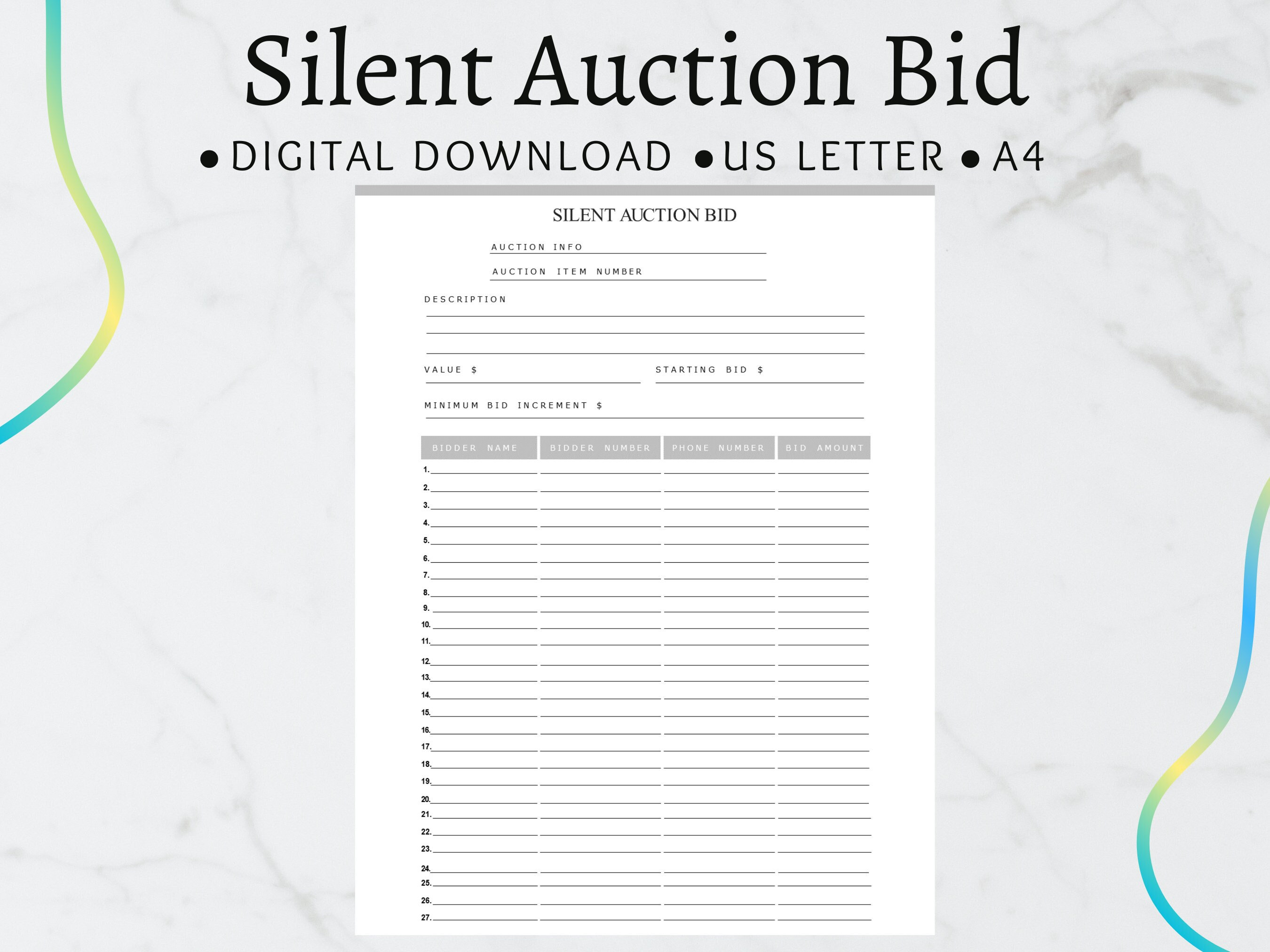 Silent Auction Bid Printable /fundraiser Event/bidding Sheet/us Letter ...