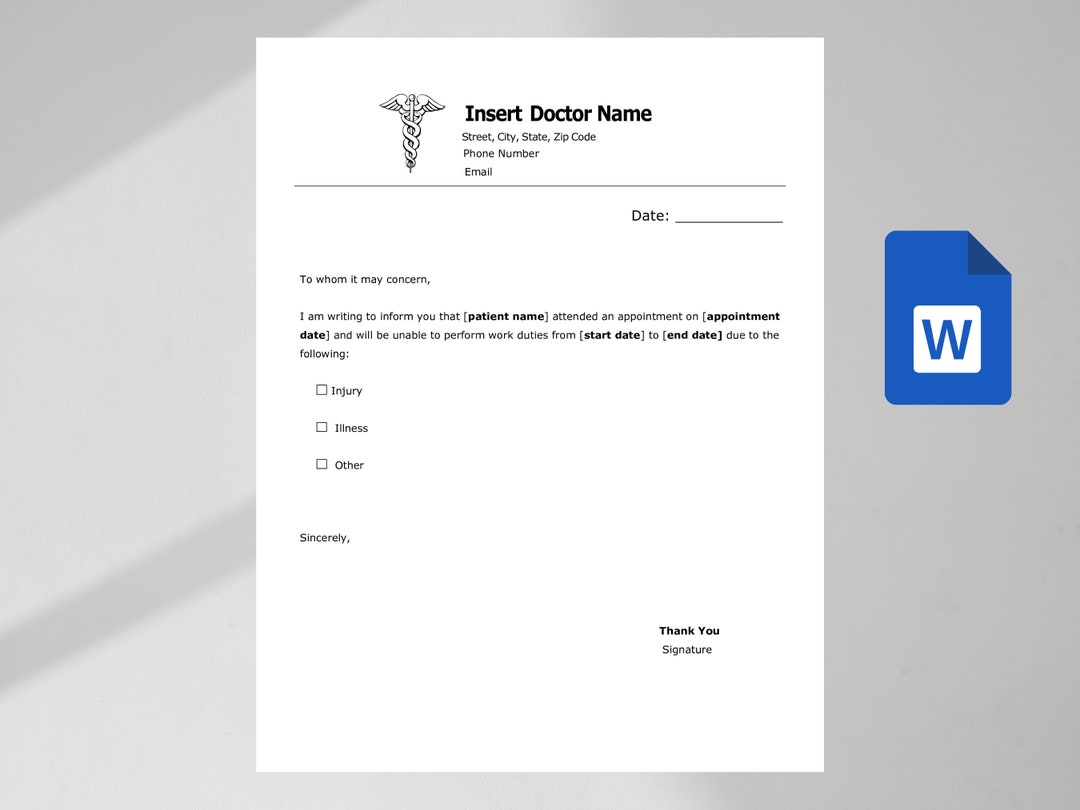 Editable Doctor Excuse Note for Work,doctor Excuse Letter Form. School ...