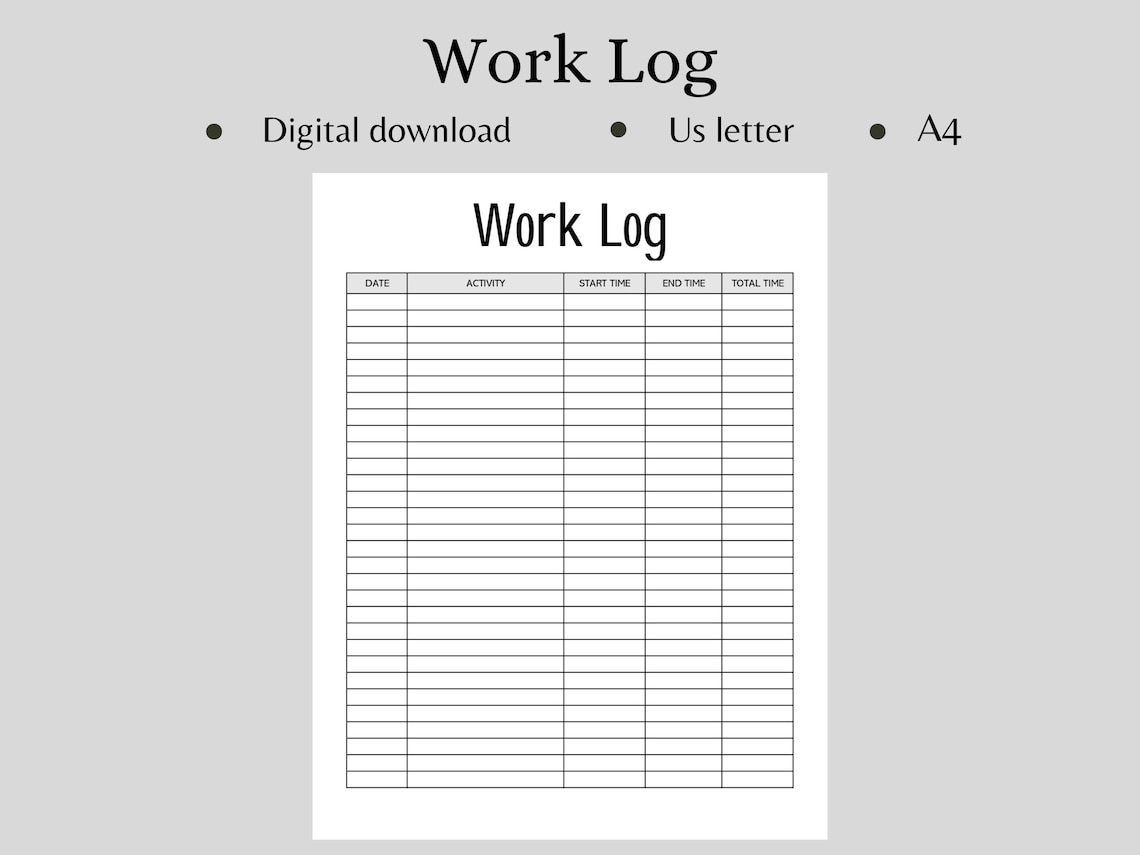 Printable Work Log, Work Time Tracker, Time Spent Tracker, Timelog ...