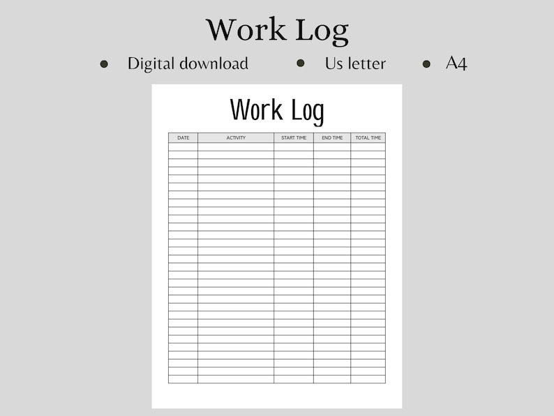 Printable Work Log, Work Time Tracker, Time Spent Tracker, Timelog ...